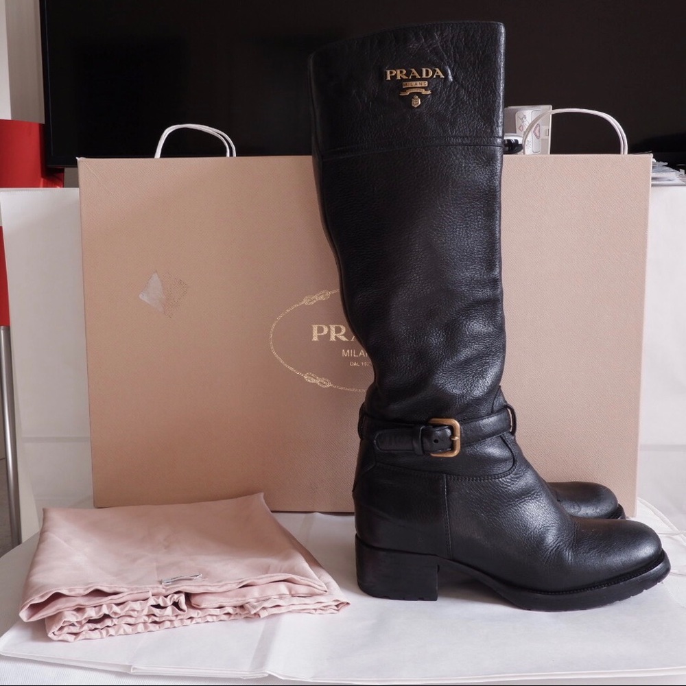 Prada Black Tall Pebbled Leather Riding Boots - Gem